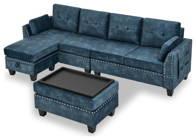 Comfortable Sectional Sofa, Dark Blue Velvet Fabric Upholstery ...