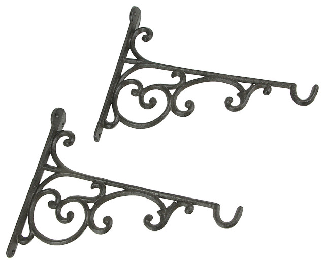 Set of 2 Rustic Brown Cast Iron Scroll Wall Shelf Brackets / Plant ...