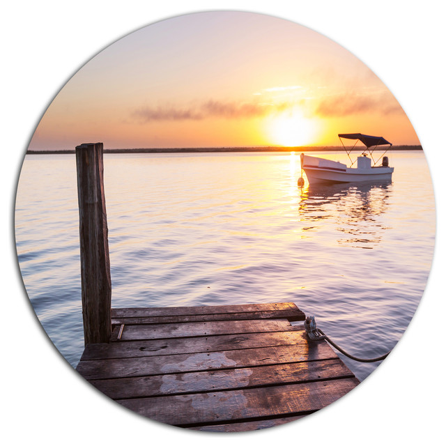 Boat View From Boardwalk On Beach, Seashore Disc Metal Wall Art, Disc ...