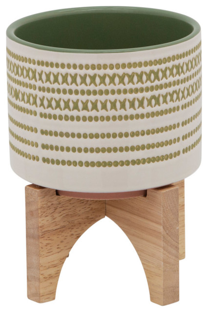 5" Aztec Planter With Wood Stand, Olive - Contemporary - Indoor Pots ...