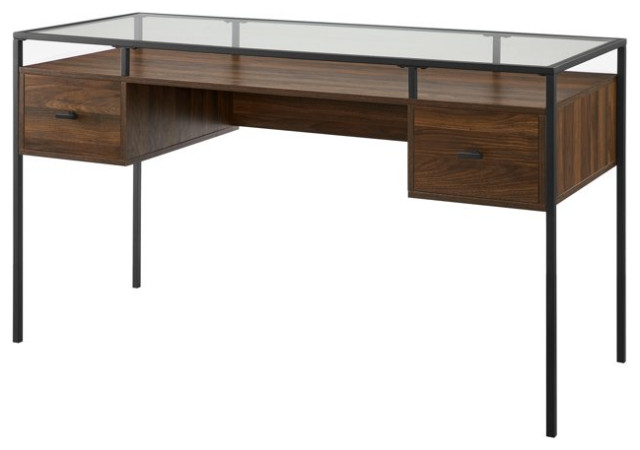 Modern Desk, Metal Frame With Lifted Tempered Glass Top & 2 Drawers ...