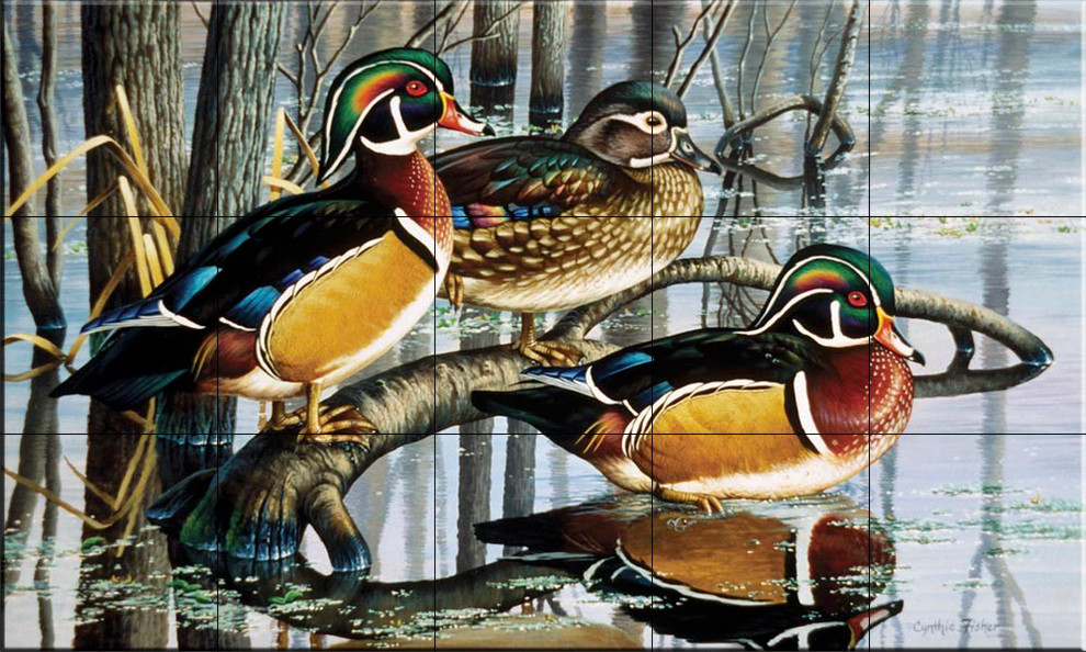 Tile Mural, Backwater Wood Ducks by Cynthie Fisher, 30" x 18" (15 Tiles ...