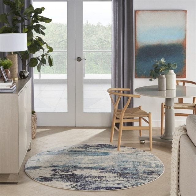 Nourison Celestial 5' x Round Blue and White Fabric Modern Area Rug (5 ...