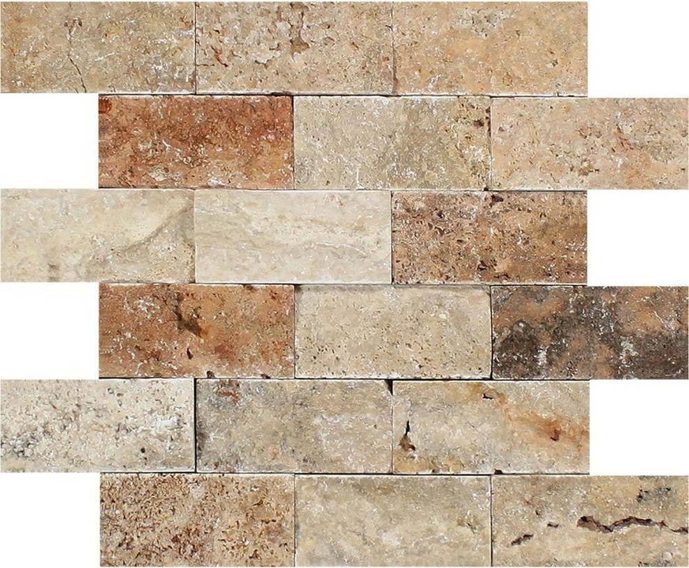 Scabos Travertine Brick Mosaic, 2 X 4 Split-Faced, 10 sq.ft ...