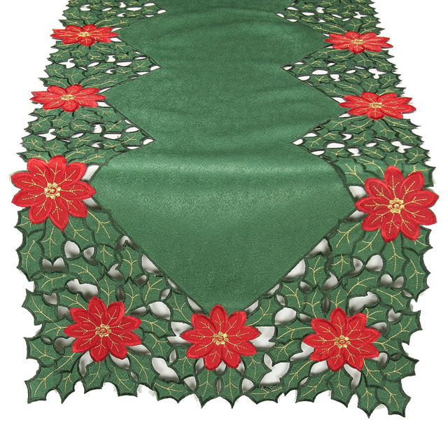 Holly Leaf Poinsettia Embroidered Cutwork Christmas Table Runner, 15 ...