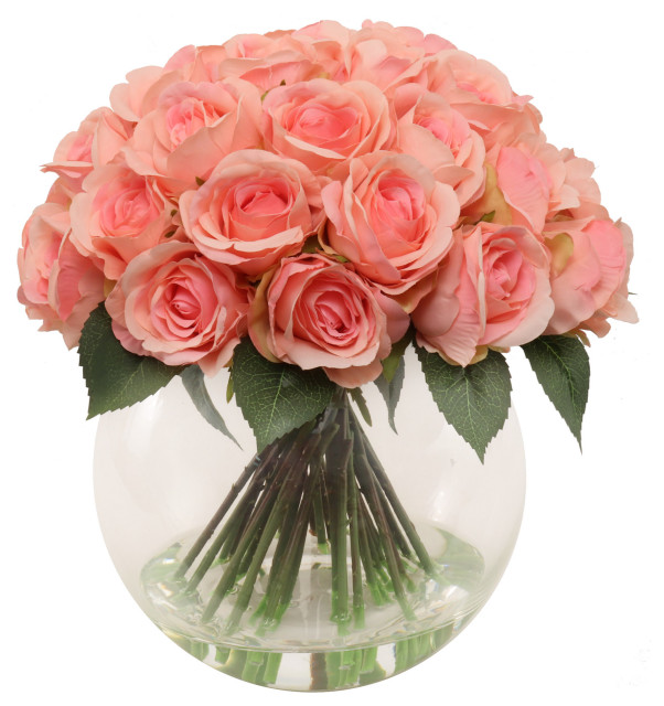 36 Pink Artificial Roses in Glass Vase - Elegant Home Decor - Modern ...