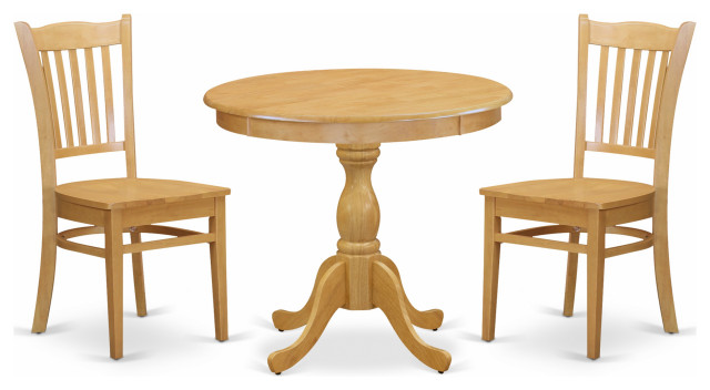 3 Pc Dining Set, 1 Round Pedestal Table, 2 Oak Chairs, Slatted Back ...