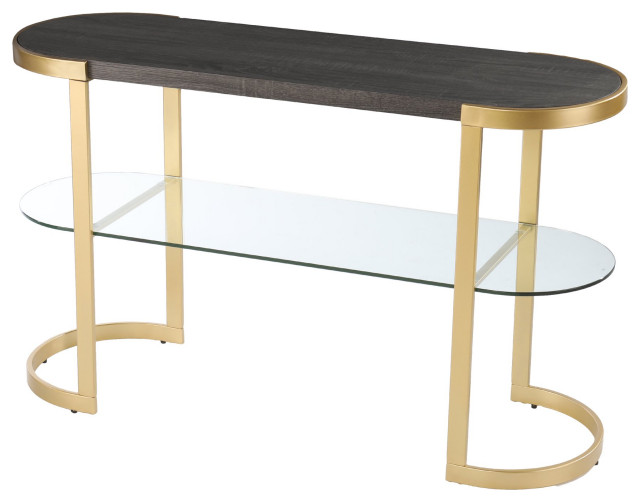 Modern Oval Console Table, Golden Metal Frame With Wooden Top & Open ...