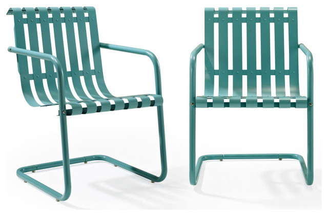 Set of 2 Patio Chair, Metal Frame With Open Arms & Curved Slatted Seat ...