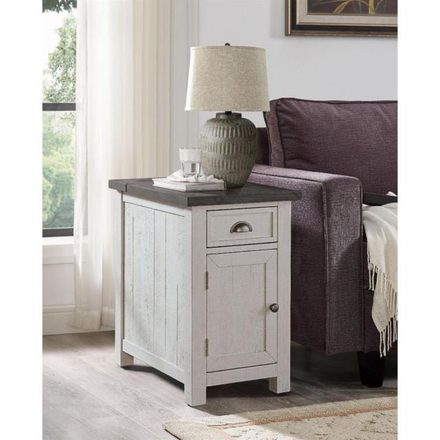 Rustic End Table, Pine Wood Construction With Charging Station, White Stain/Grey - Farmhouse ...