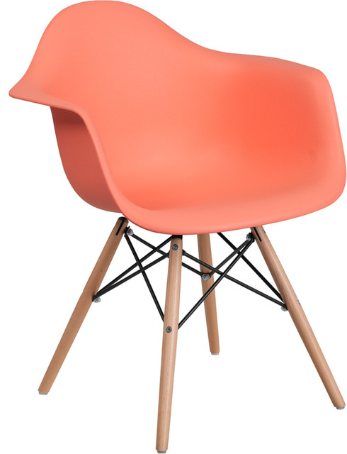 Modern Peach Plastic Chair With Wood Base, 24.50"x25"x31.25 ...