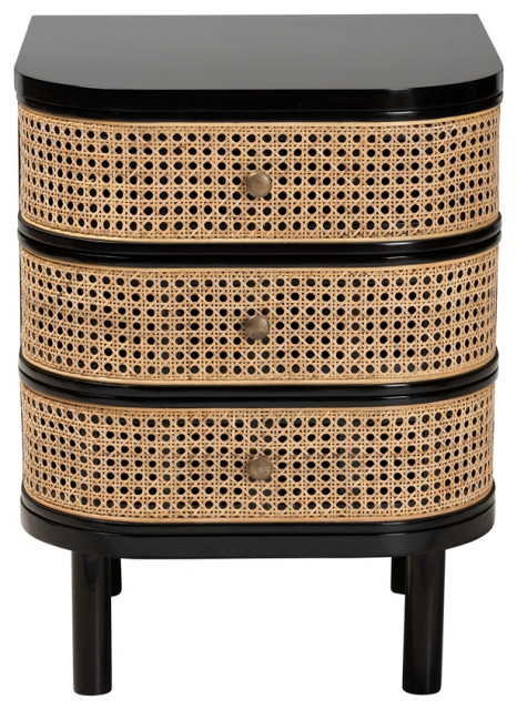 Modern Bohemian Black Wood and Natural Rattan 3-Drawer End Table ...