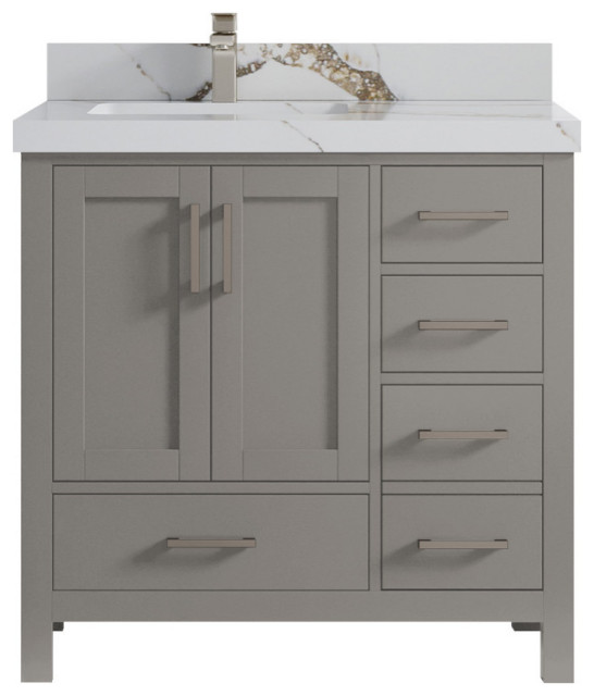 Sonoma 36" Left Offset Reeded Bath Vanity, White 2" Calacatta Gold, 36 ...