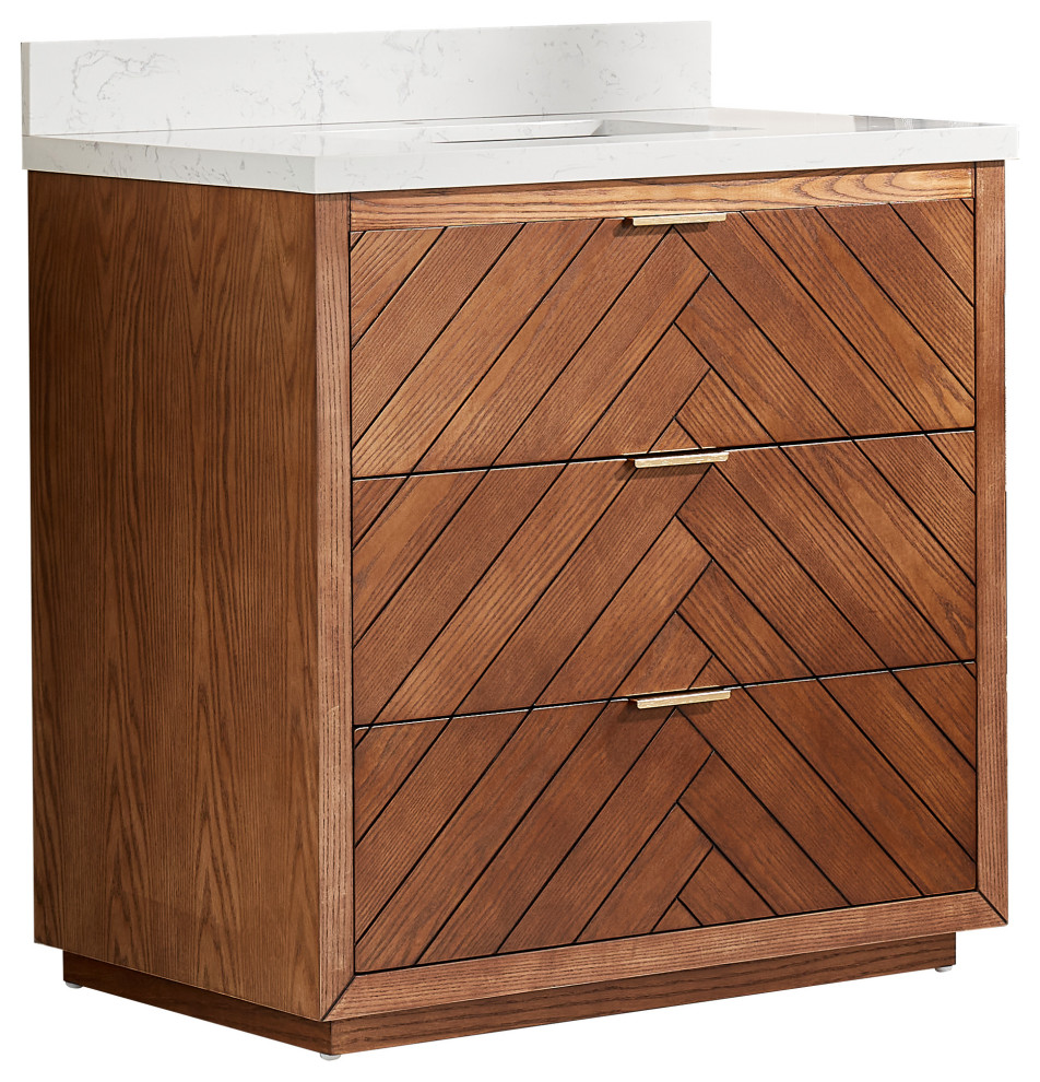 Barcelona 36" Wood Veneer Single Sink Vanity, Marble and Ceramic Sink ...