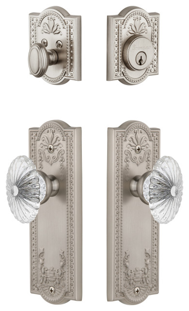 Grandeur Parthenon Plate with Burgundy Knob and Deadbolt in Satin ...