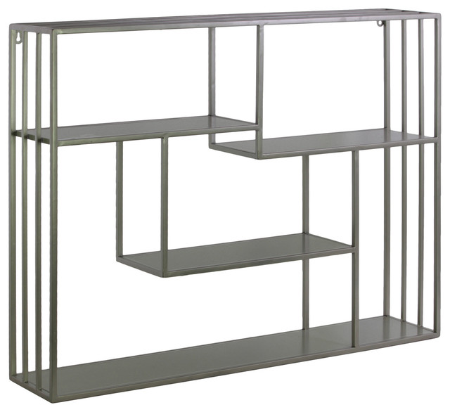 Rectangular Metal Wall Shelf With 4 Wooden Shelves, Champagne Silver ...