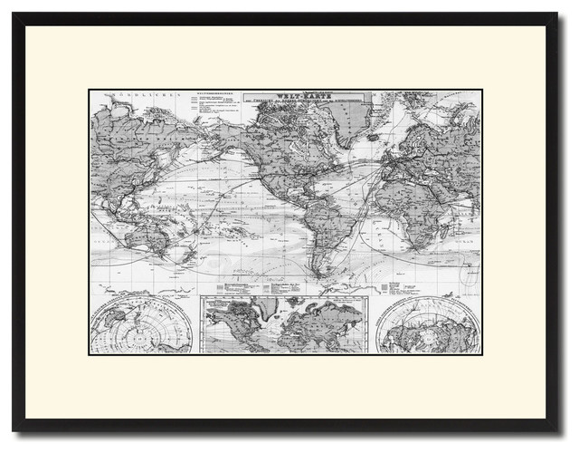 World Ocean Currents Map Print On Canvas With Black Custom Frame, 16" X ...