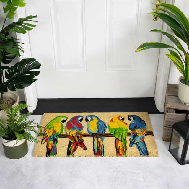 Toffee and Multicolor Parrots Coir Outdoor Doormat 18" x 30" - Tropical ...