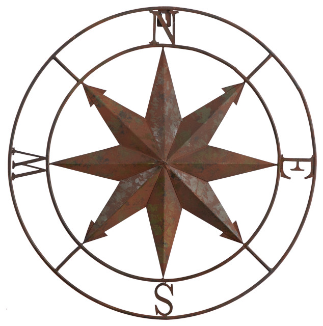 18" Rustic Nautical Metal Compass Wall Art Decor - Beach Style - Metal ...