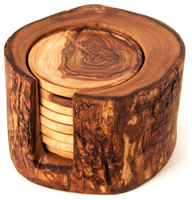 Handmade Olive Wood Rustic Holder and Coasters, Set of 8 - Rustic ...