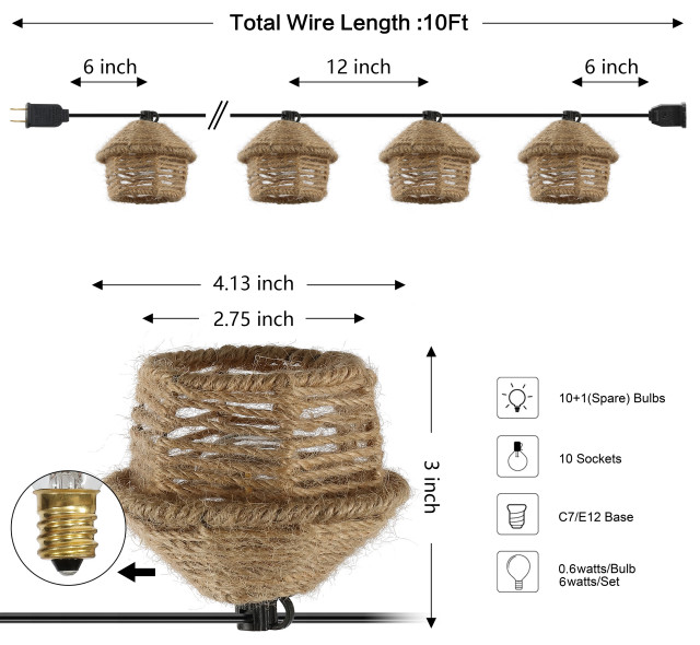 10-Light Indoor/Outdoor 10 ft G40 Tiki Hut Hemp Rope Shaded String ...
