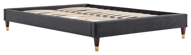 Queen Platform Bed, Legs With Golden Sleeves & Velvet Covered Frame ...