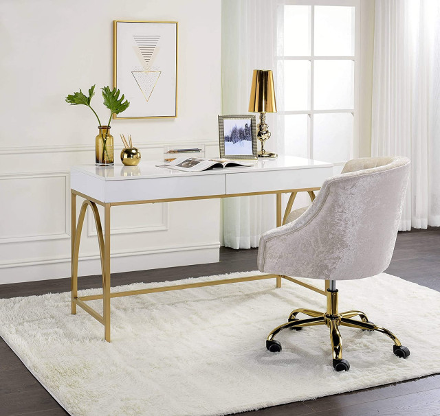 Elegant Desk, Golden Frame With Curved Accents and 2 Drawers, High ...