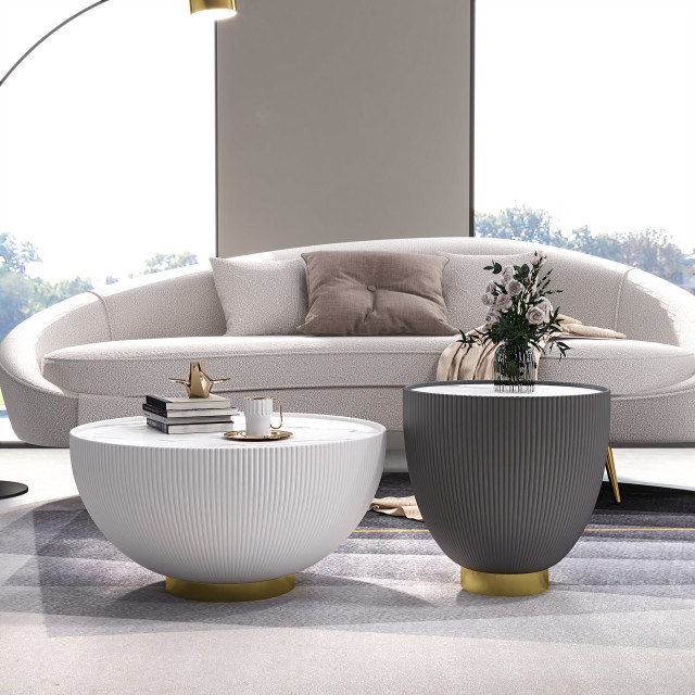 Modern Beige & Gray Drum Sintered Stone Round PU-Leather Coffee Table ...