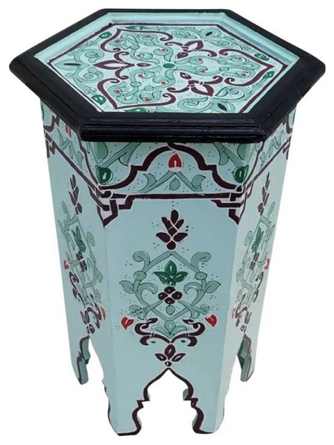 Moroccan Hexagonal Hand Painted Wooden Side Table, Celadon Zouak ...