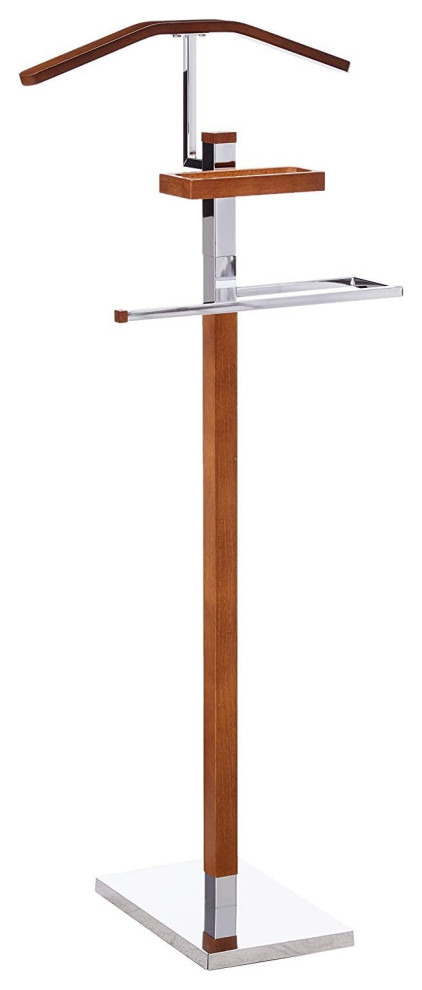 Rae Modern Suit & Tie Valet Stand Clothing Rack, Tobacco Wood & Chrome ...