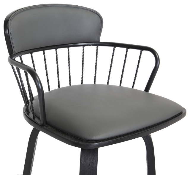 Willow 30" Swivel Black Wood Bar Stool, Grey Faux Leather - Midcentury ...