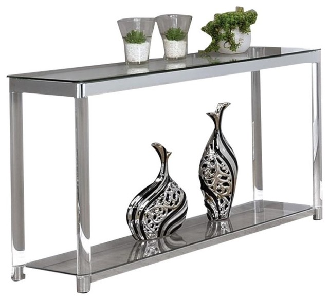 Pemberly Row 1 Shelf Glass Top Console Table in Chrome and Clear Acrylic - Contemporary ...