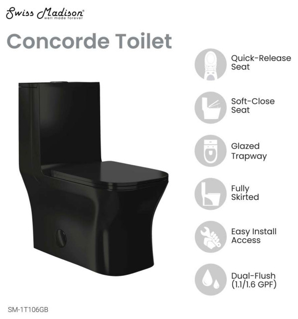 Concorde One Piece Square Toilet Dual Flush, Glossy Black 1.1/1.6 gpf ...