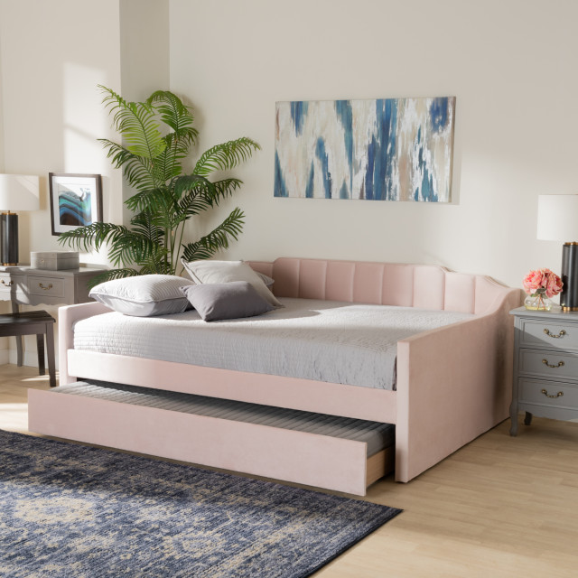 Lennon Modern Pink Velvet Upholstered Full Size Daybed with Trundle ...