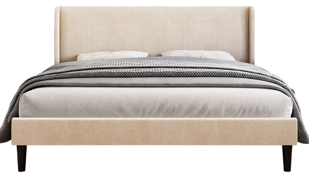 Modern Platform Bed, Wing Panel Headboard With Velvet Upholstery ...