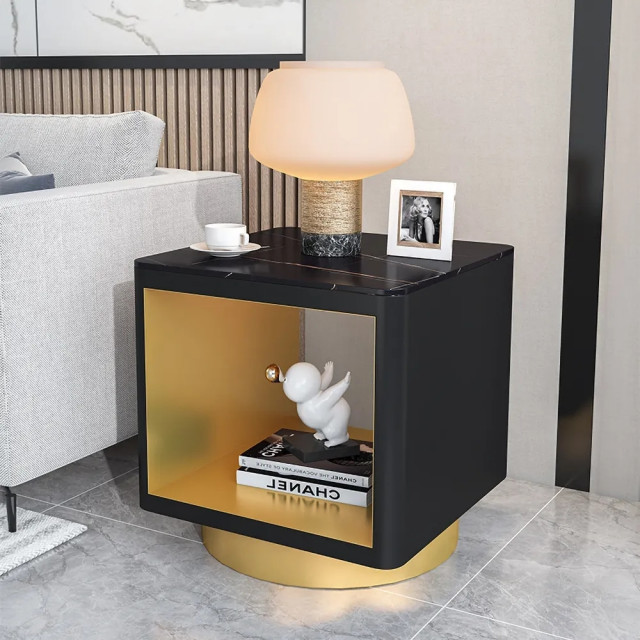 Modern Side Table with Storage Hollow Cube Table with Gold Metal ...