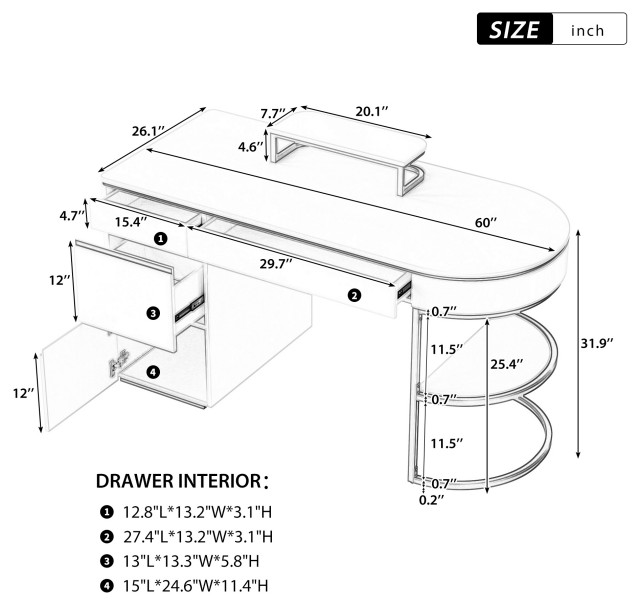 White Curved Computer Desk, Home Office Desk with 1 Storage Cabinet ...