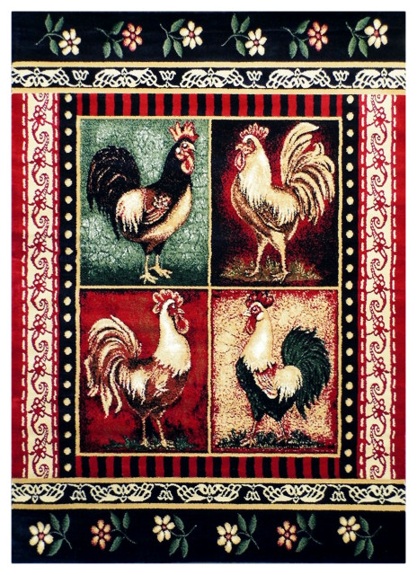 Angie Collection Rectangle 4' x 5' Red Rooster Themed Area Rug ...