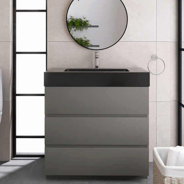 Wood Freestanding Bathroom Vanity Set with Black Integrated Quartz Sand ...