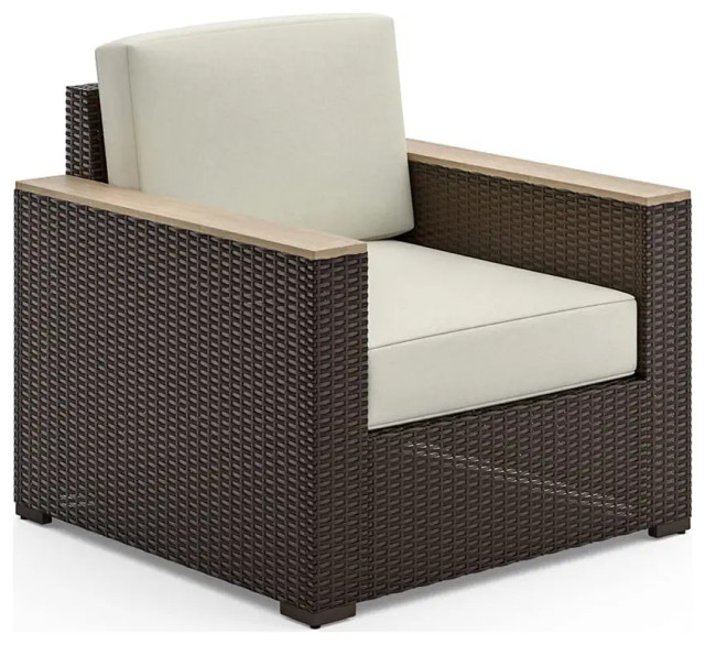 Outdoor Lounge Chair, Wicker Frame With Acacia Wood Arms & Cushioned ...