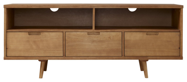 Rectangular TV Stand, Sleek Angled Legs With 3 Open Shelves & 3 Drawers ...