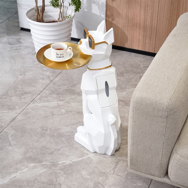 White Resin Dog Sculpture Cute End Side Table With Metal Storage Tray ...