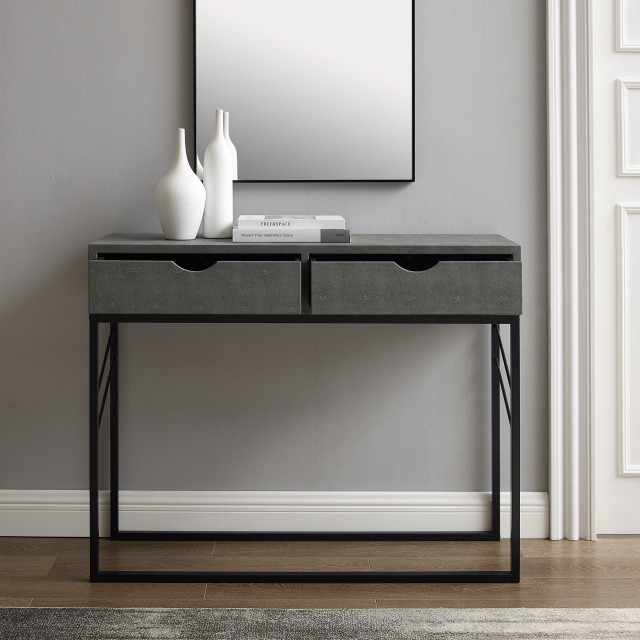 Modern Console Table, Open Metal Frame & Faux Shagreen Top With 2 ...
