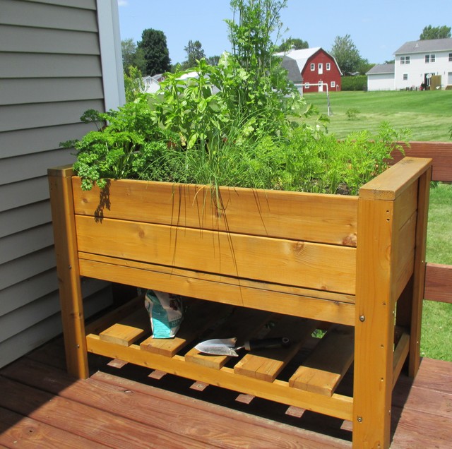 Elevated Planter Box with Shelf - Farmhouse - Outdoor Pots And Planters ...