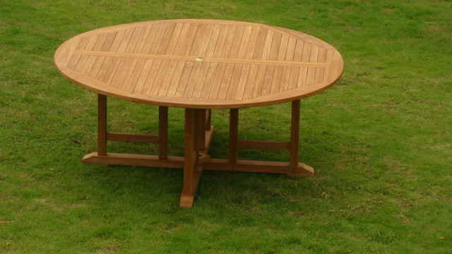 9-Piece Outdoor Teak Dining Set: 72" Round Table, 8 Alps Stacking Arm ...