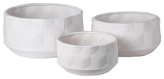 Round Ceramic Pot with Hexagon Pattern Design Matte White Finish, Set ...