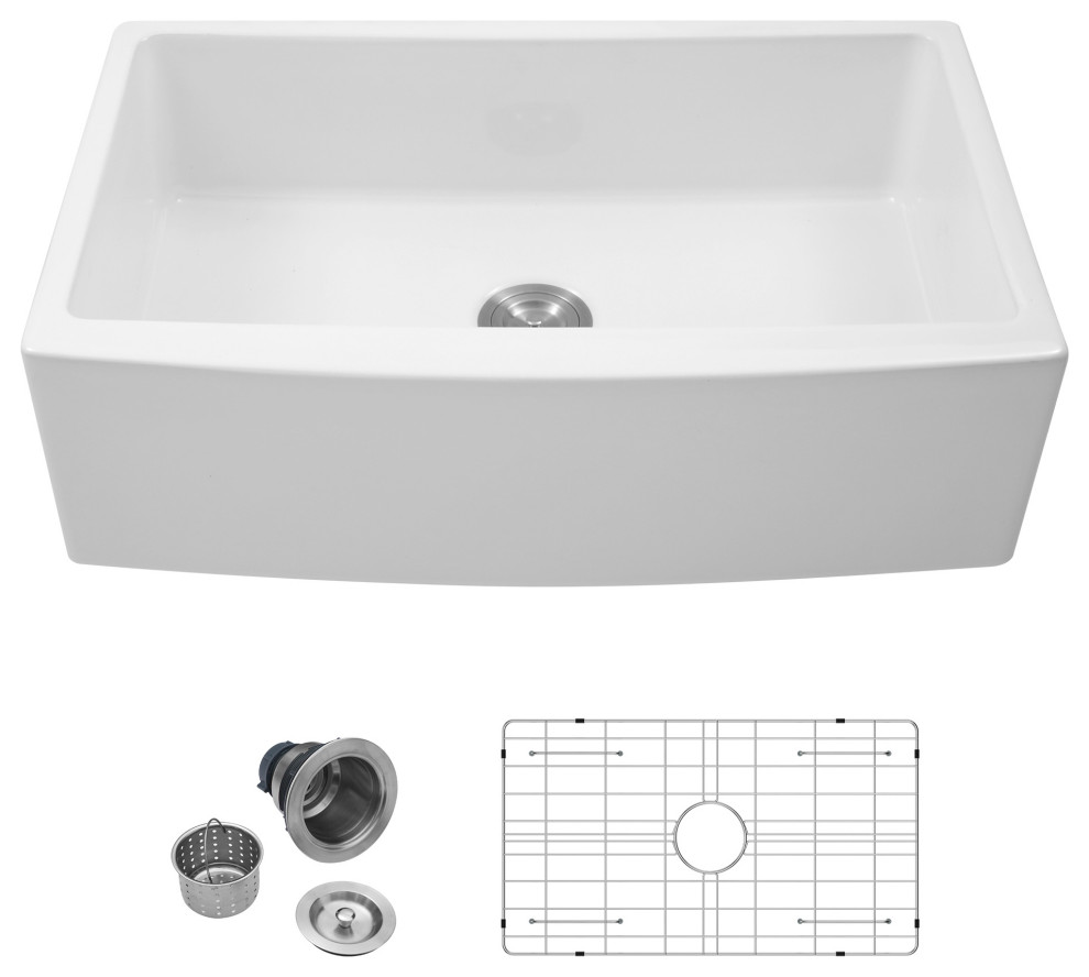Farmhouse Ceramic Kitchen Sink Single Bowl Porcelain Apron Front White ...