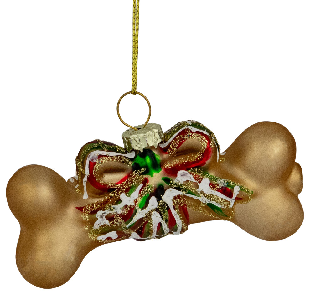 3.25" Gold Dog Bone With Bow Glass Christmas Ornament - Modern ...