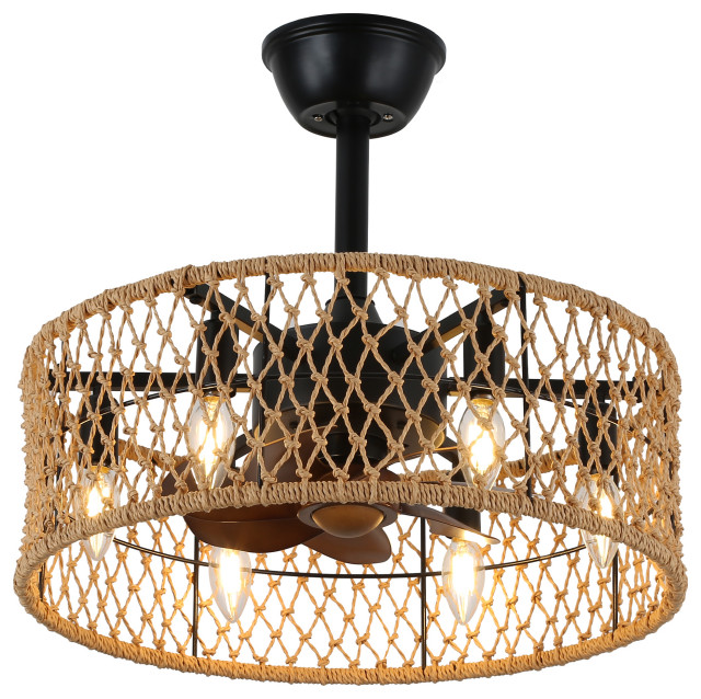 Aura Aura 18" Boho Caged Farmhouse Woven Rattan Ceiling Fan with Lights ...