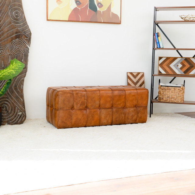 Bunta Mid-Century Modern Rectangular Genuine Leather Bench/Ottoman, Tan ...